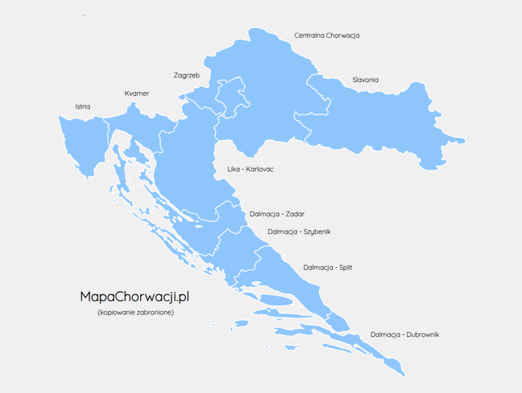 Regiony Turystyczne na Mapie Chorwacji - Chorwacja Mapa Turystyczna